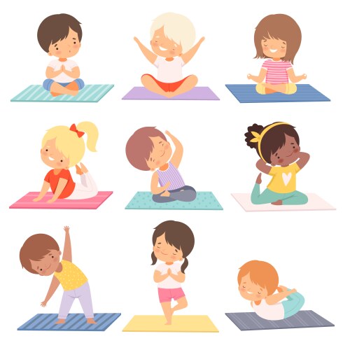 Cute kids practicing yoga exercises collection Vector Image