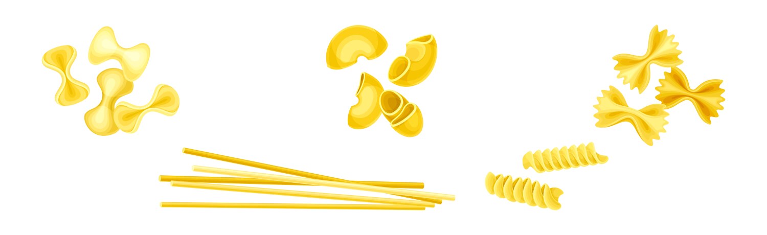 Different pasta raw shape and type set Royalty Free Vector