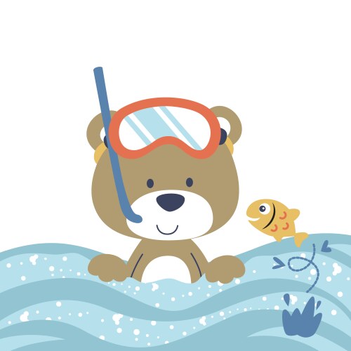 Scuba dive cartoon with little bear fishes turtle Vector Image