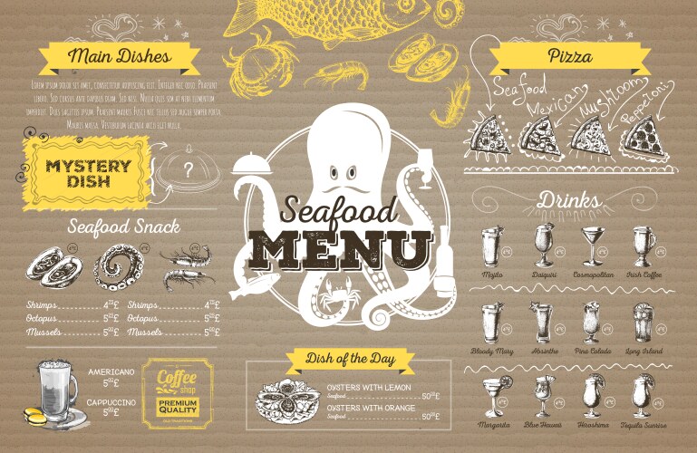 Vintage seafood menu design restaurant Royalty Free Vector