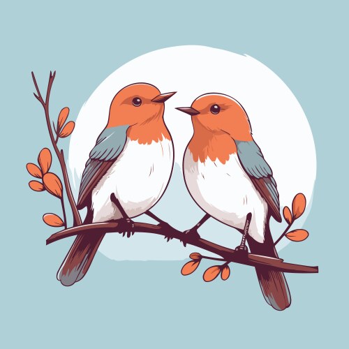 Two robins sitting on a branch in cartoon style Vector Image