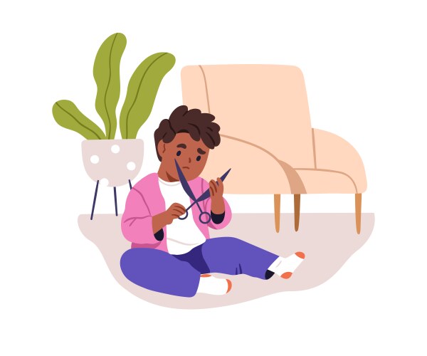 Child playing with scissors little black kid Vector Image