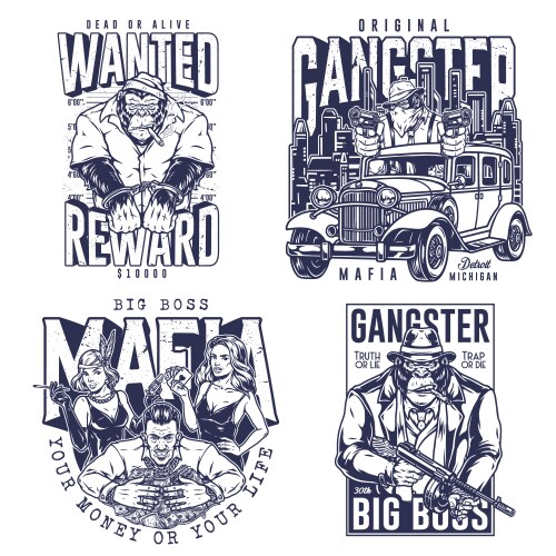 Mafia monochrome emblems set with inscriptions Vector Image