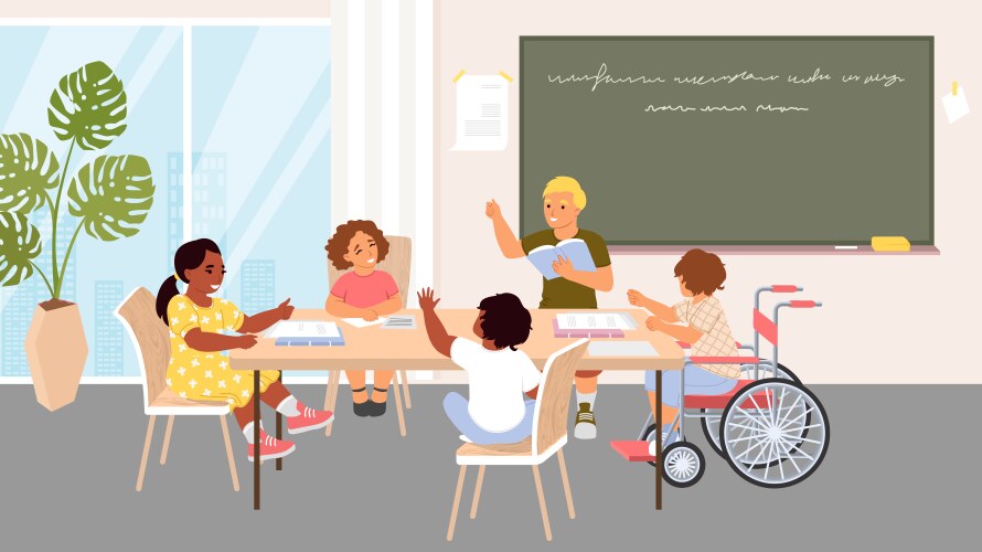 School children talking in classroom during break Vector Image