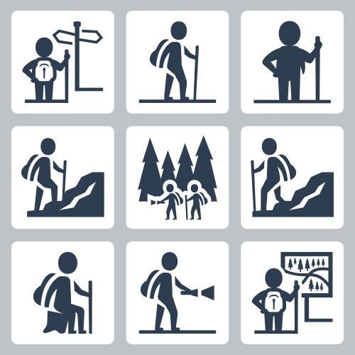 Hiking icon set hiker man symbol mountain Vector Image