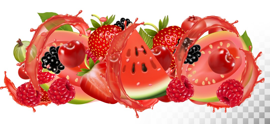 Fruit in juice splashes strawberry raspberry Vector Image