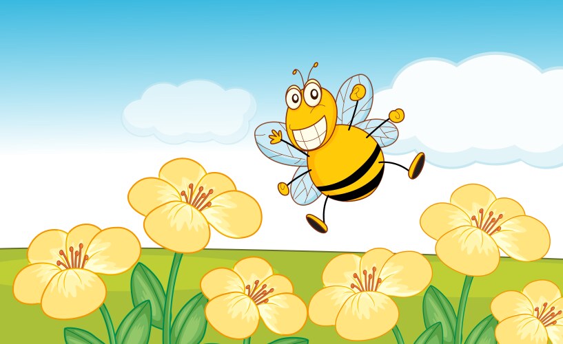 Happy bee cartoon on the flower field Royalty Free Vector