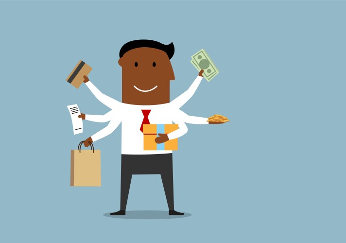 Multitasking businessman cartoon flat Royalty Free Vector