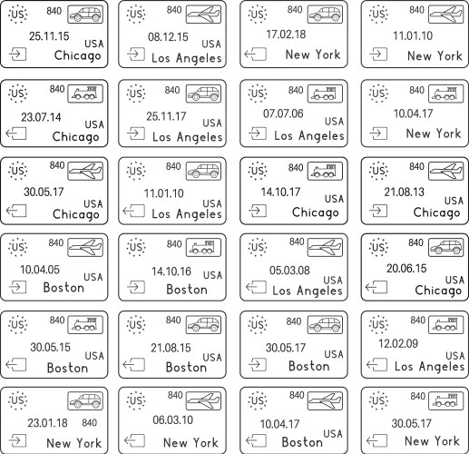 Passport stamps arrival to usa cities black set Vector Image