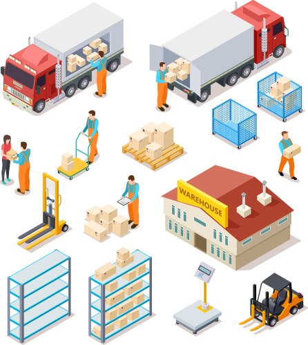 Logistics isometric icons set with cargo trucks Vector Image