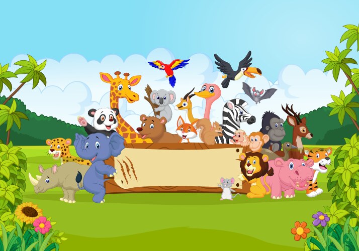 Wild animals cartoon holding blank sign Royalty Free Vector