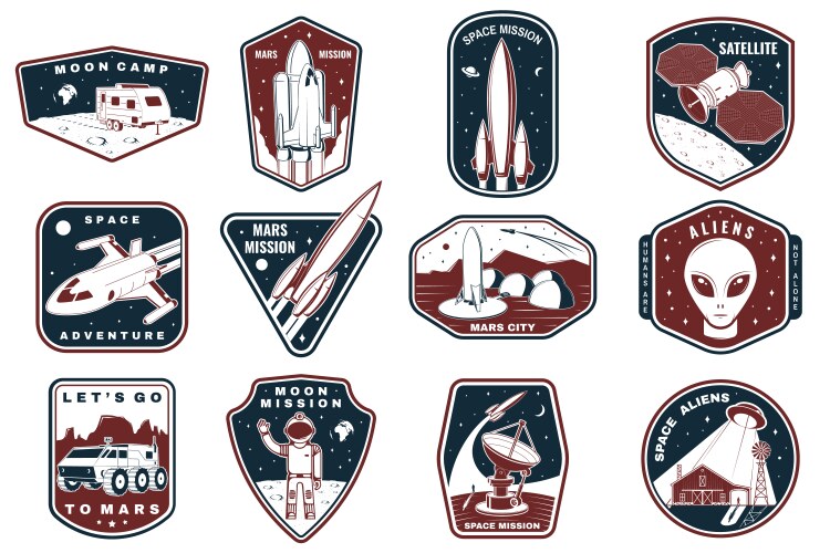 Space patches galaxy exploration spaceship badges Vector Image