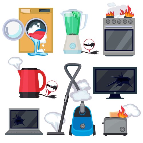 Broken home appliances set damaged electrical Vector Image