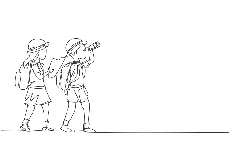 Boy and girl with a school bag holding hands line Vector Image