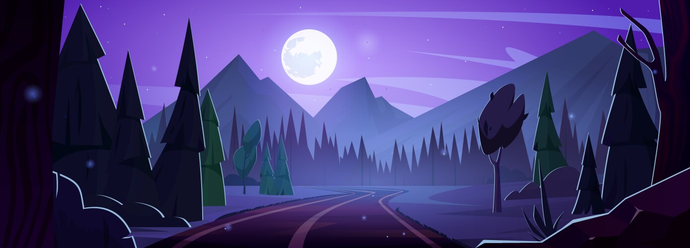 Cartoon night forest landscape with pond trees Vector Image