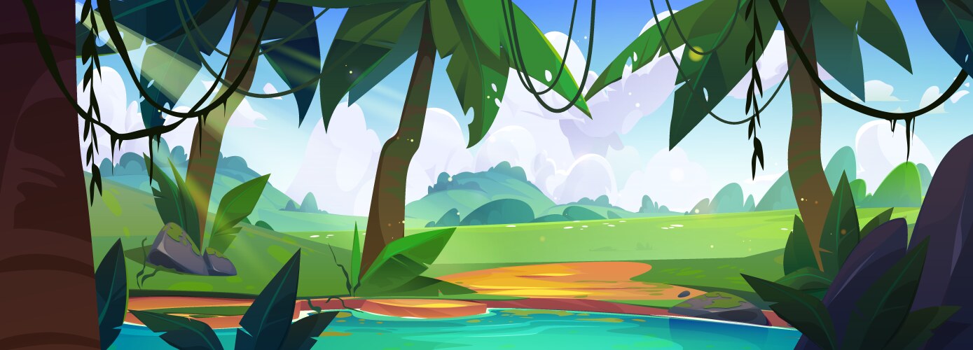 Cartoon forest river water scene background Vector Image
