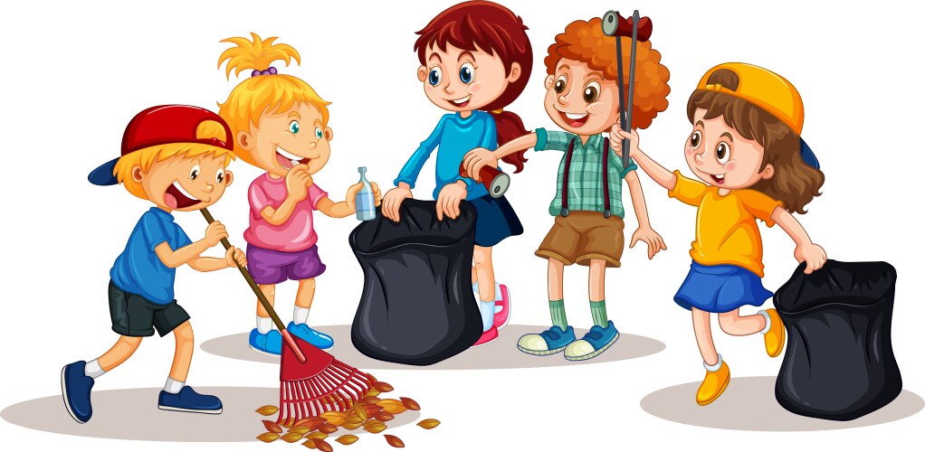 Children cleaning up cartoon character on white Vector Image