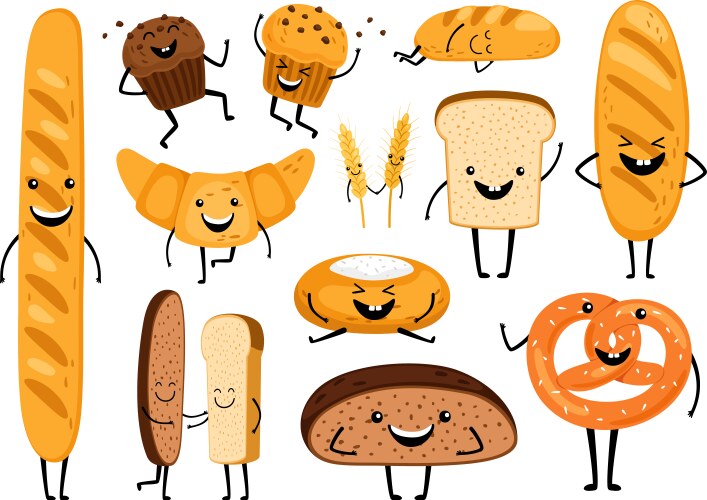 Funny pastries characters set tasty bakery Vector Image
