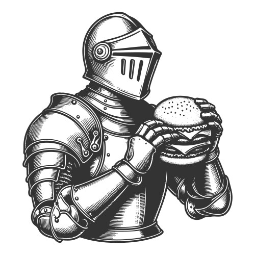 Medieval knight eating burger engraving Royalty Free Vector