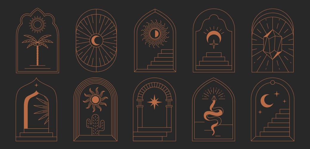 Boho logo line arch frames and symbols Royalty Free Vector