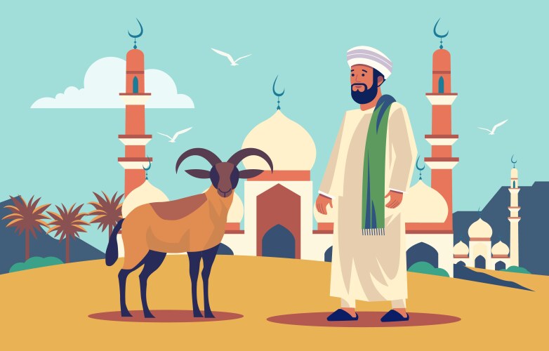 Arabian muslim man with sheep goat in front Vector Image