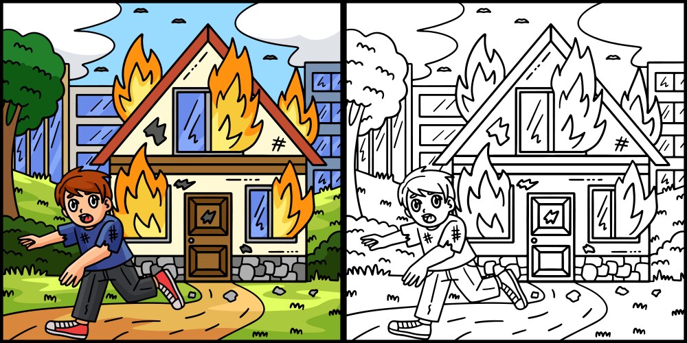 Firefighter civilian burning house colored cartoon