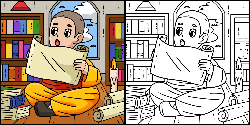 Buddhism monk cleaning coloring page for kids Vector Image