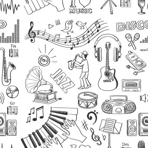 Cartoon hand-drawn musical instruments seamless Vector Image
