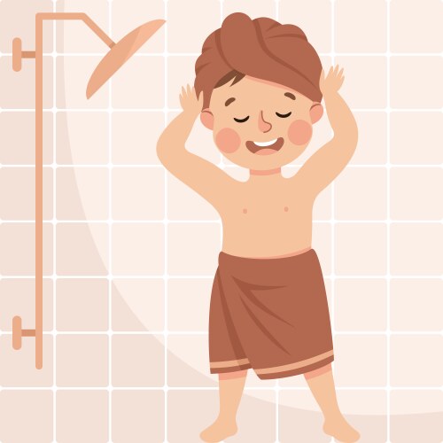 Little boy having shower in bathroom on his own Vector Image