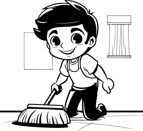 Boy cleaning floor with vacuum cleaner - black Vector Image