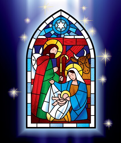 Stained glass window depicting christmas scene Vector Image