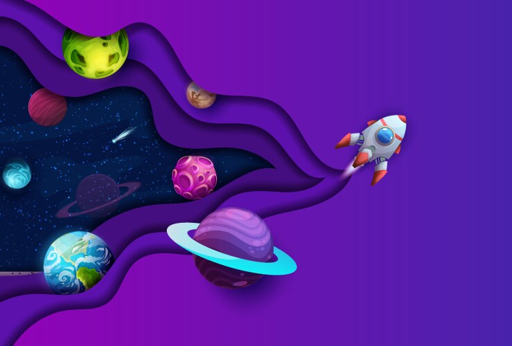 Cartoon paper cut space landscape galaxy planets Vector Image