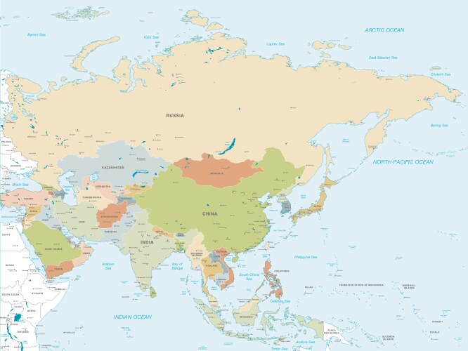 Asia mainland cartoon map with fauna species Vector Image