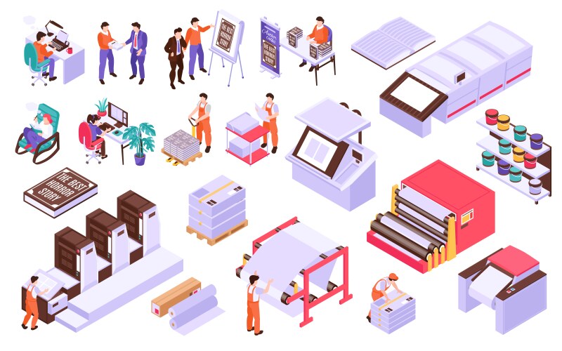 Printing house isometric composition Royalty Free Vector