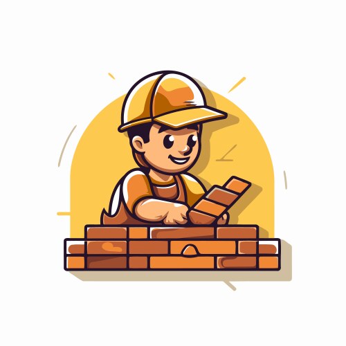 Cartoon boy building a brick wall with hammer Vector Image