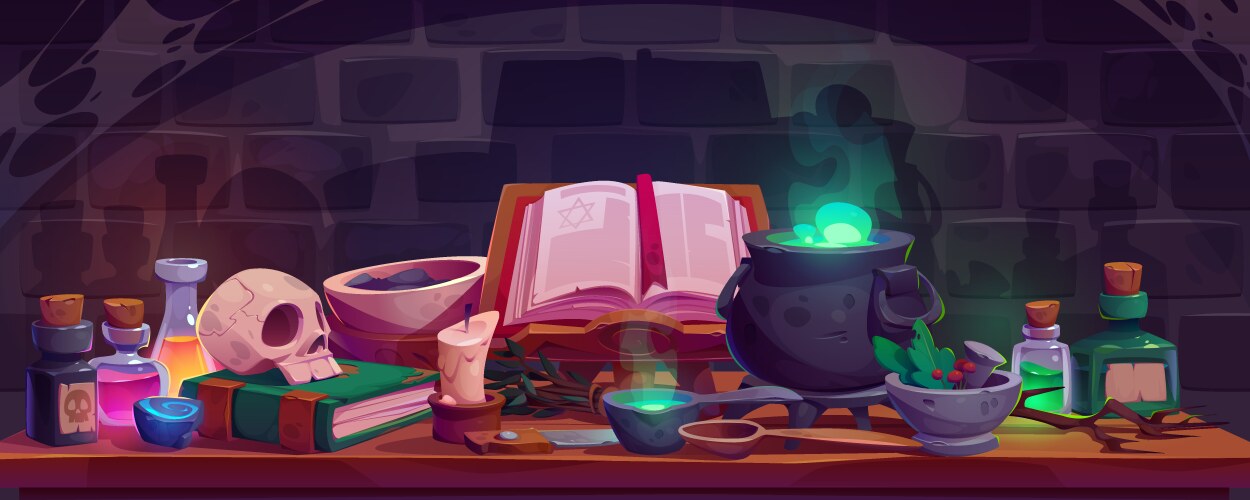 Magic wizard lab background witch room interior Vector Image