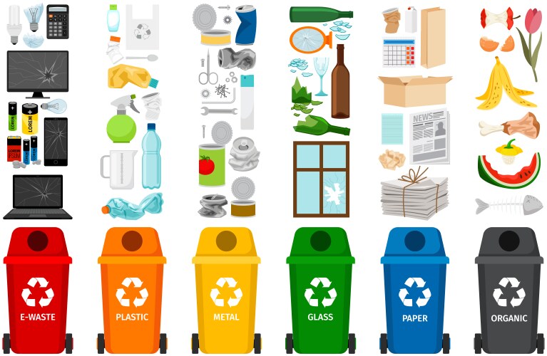 Recycle waste bins different trash types color Vector Image