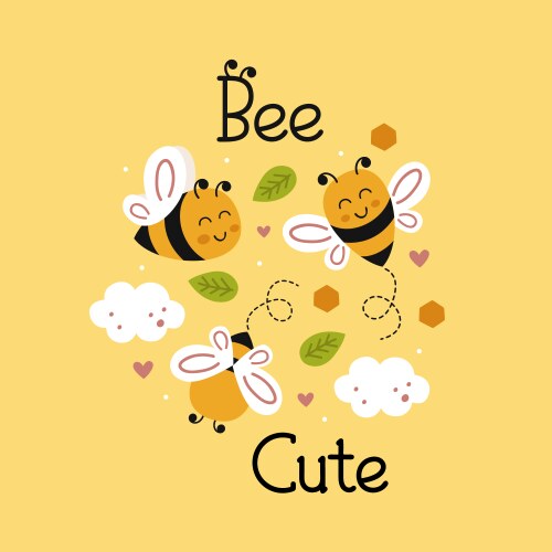 Poster with cute happy bee and rainbow Royalty Free Vector