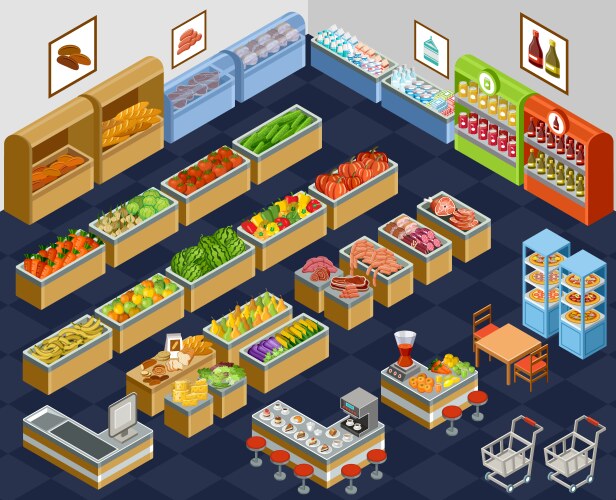 Supermarket isometric flowchart Royalty Free Vector Image