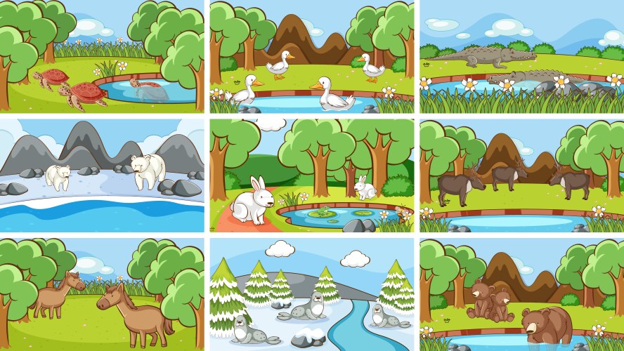 Different safari scenes with animals and kids Vector Image