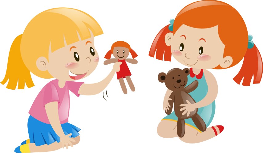 Two girls playing with dolls Royalty Free Vector Image