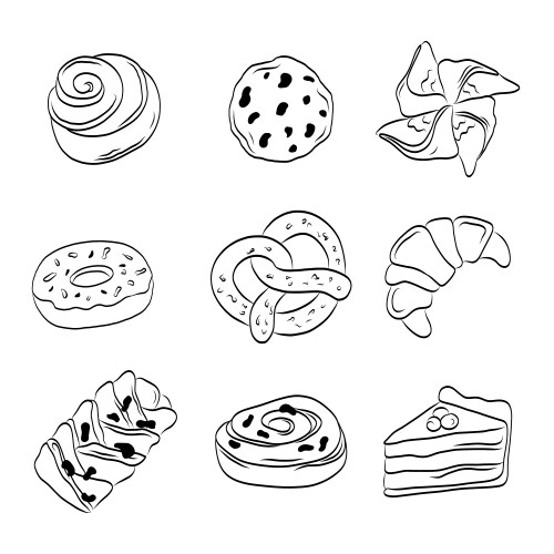 Hand drawn outline pastry bakery set abstract Vector Image