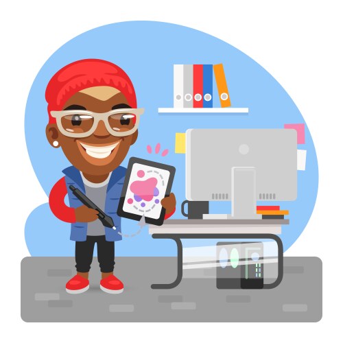 Graphic designer concept man at computer works Vector Image