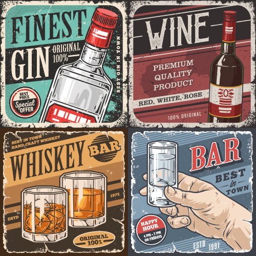 Alcoholic booze monochrome set posters Royalty Free Vector