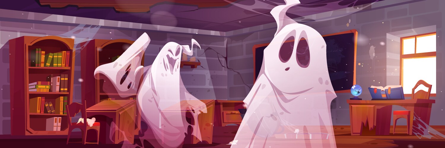 Spooky ghosts in old magic school classroom Vector Image