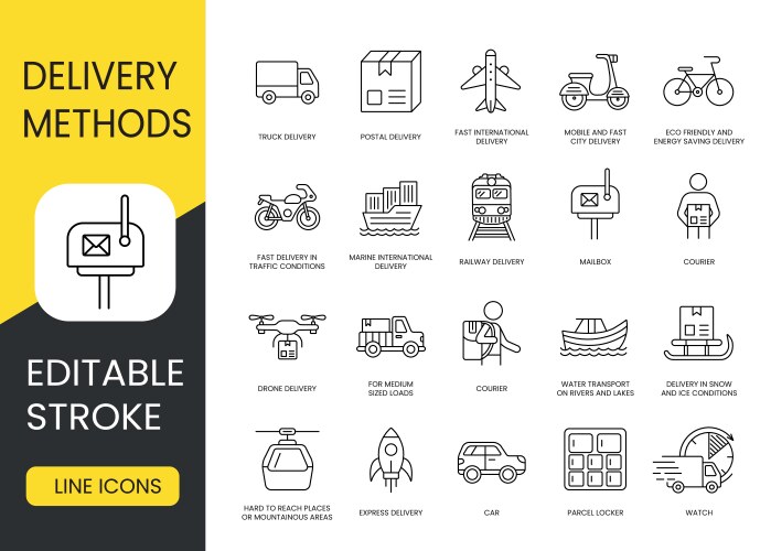 Types and methods of delivery line icons set Vector Image