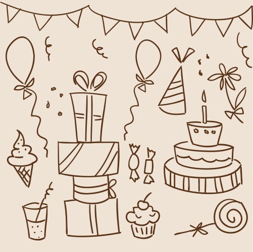 Fun birthday party line drawings Royalty Free Vector Image