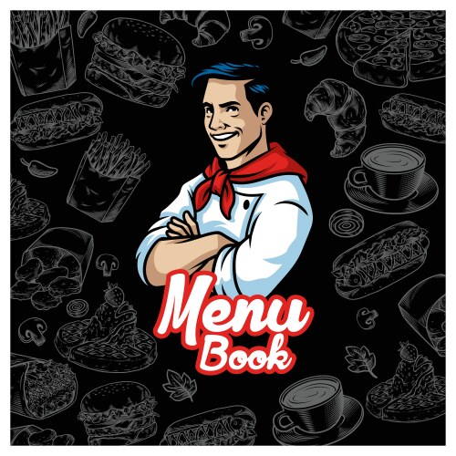 Menu book cover design with chef cartoon Vector Image