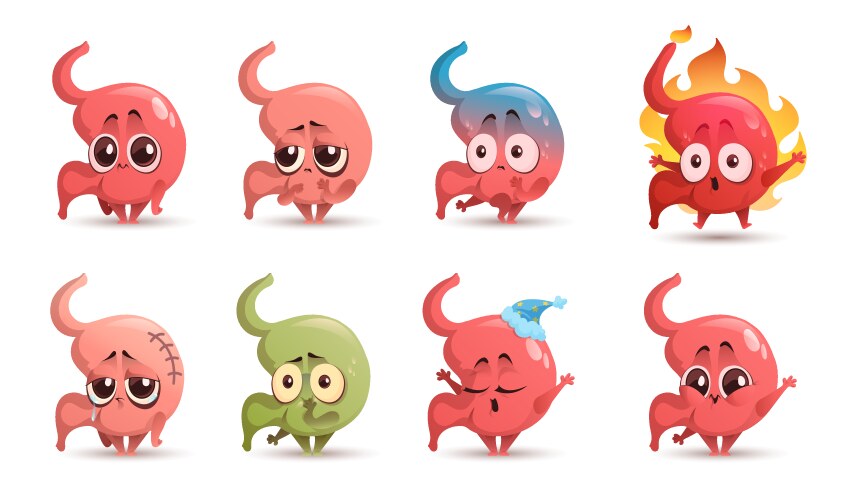 Cute healthy stomach characters icons Royalty Free Vector
