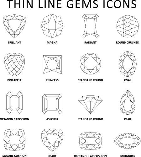 Diamond gem jewel gemstone line icon set Vector Image